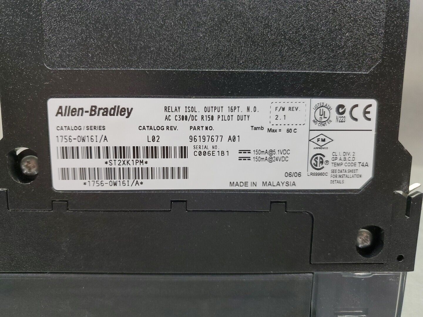 Allen Bradley 1756-0W16I/A L02 ControlLogix 16Pt Relay Output Module ...