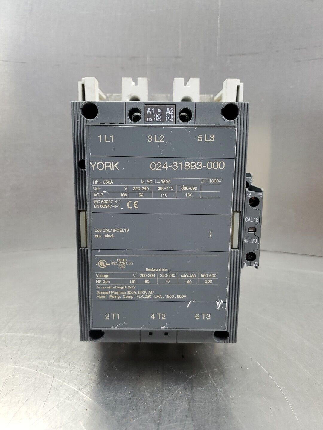 ABB/YORK 024-31893-000 300A 600V Definite Purpose Contactor. 1C-28 ...
