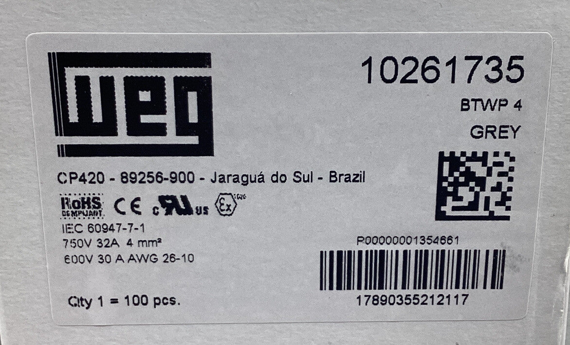 WEG BTWP4 / BTWP 4 Grey Terminal Blocks ( Box of 100 ) (NEW IN BOX) 3F ...