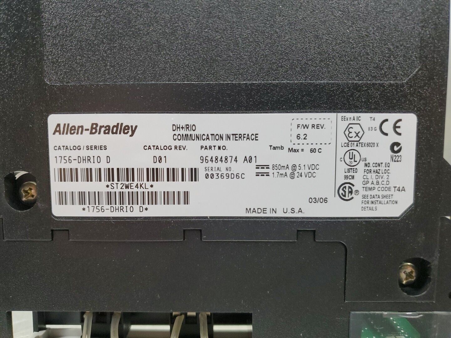 Allen Bradley 1756-DHRI0 Ser.D Controllogix DH+/RIO Comms Module. 3B-2 ...