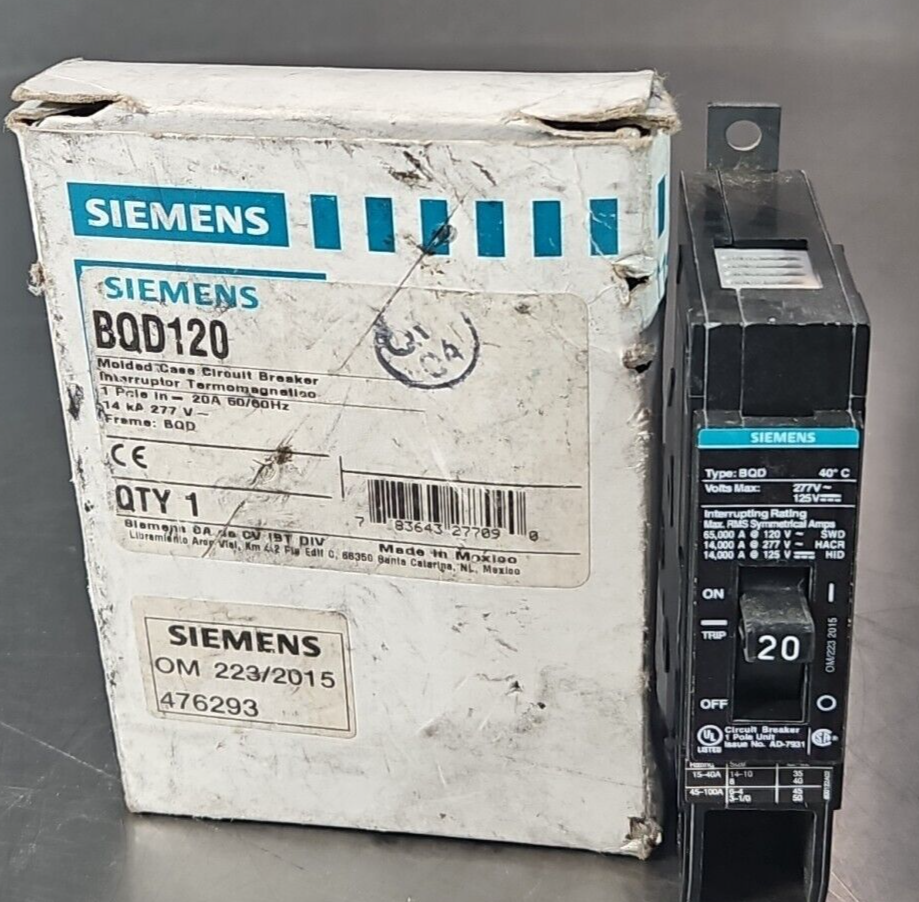 Siemens BQD120 20A Circuit Breaker Single Pole 277VAC 250VDC loc4A12 ...