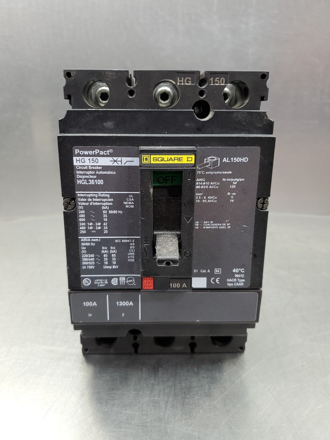 Square D HGL36100 PowerPact HG 150 Circuit Breaker, 100A. 4F-50 ...