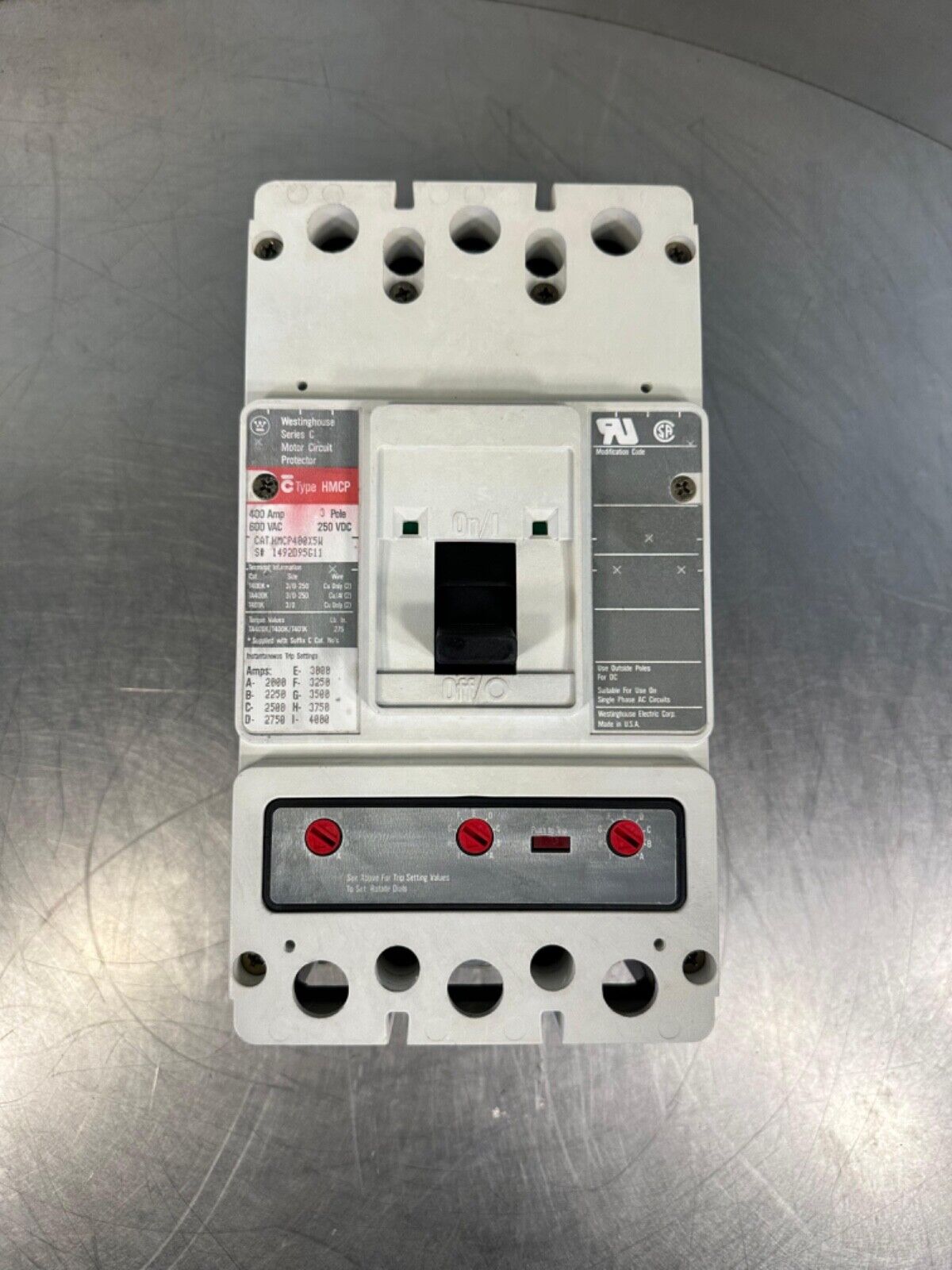 Westinghouse HMCP400X5W 400A Circuit Breaker 480/600V 3 Pole HMCP (5E2 ...