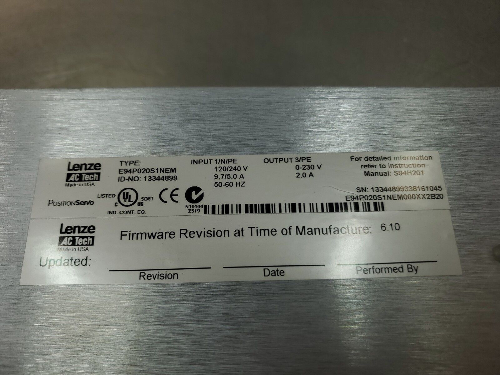 Lenze AC Tech E94P020S1NEM Digital Servo 940 Encoder Position Servo Dr ...