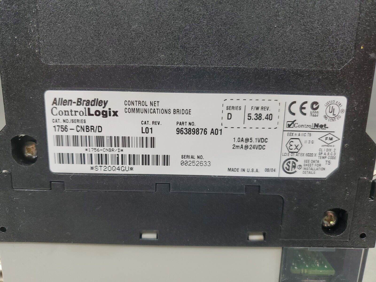 Allen Bradley ControlLogix 1756-CNBR/D ControlNet Com. Bridge. 3C-MS – Palmetto Automation Inc.