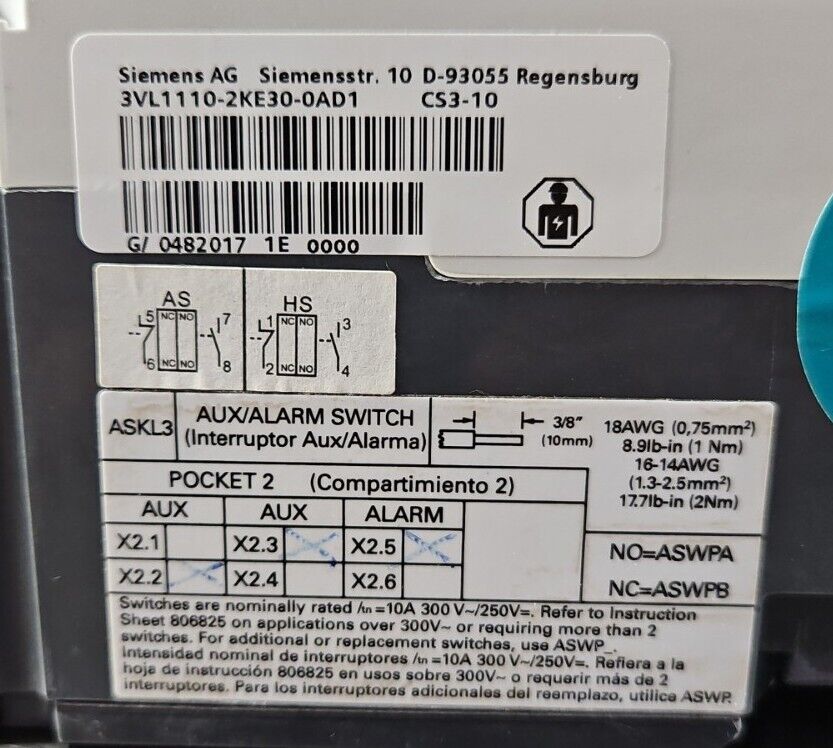 Siemens HFK3B200 Type HFGB Breaker (3 Pole, 200 Amp, 600 Volt). 4E-26 ...