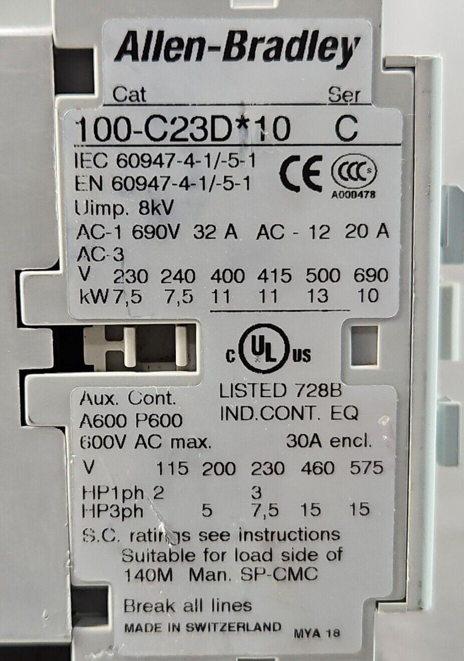 Allen Bradley 100-C23D*10 SER.C Standard Contactor. 4C-19 – Palmetto ...