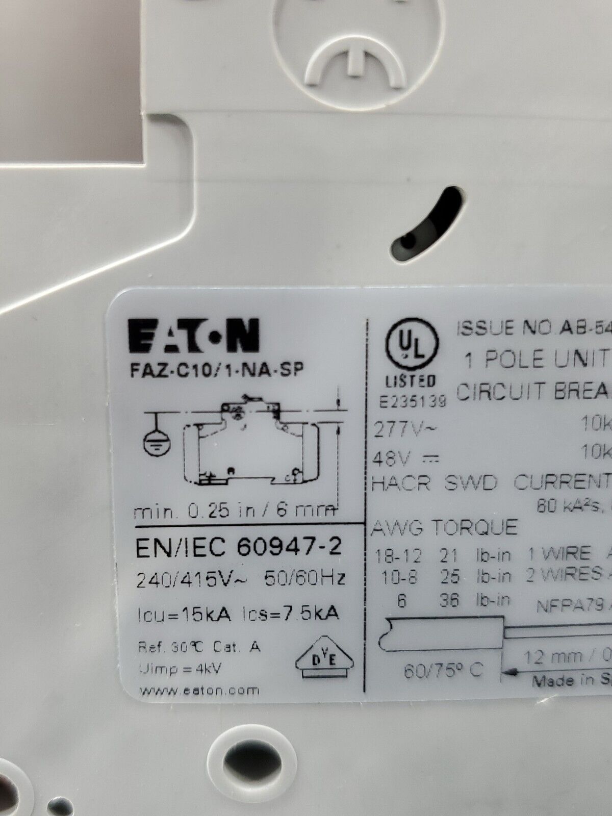 Eaton FAZ-C10/1-NA-SP EN/IEC 10 A, 277/480V AC Circuit Breaker. 4E-7 – Palmetto Automation Inc.