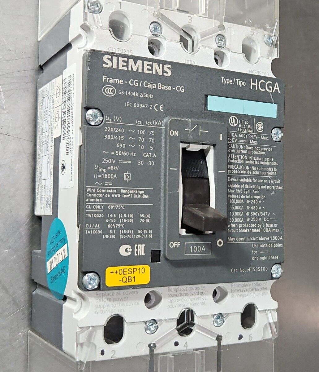 Siemens HFK3B200 Type HFGB Breaker (3 Pole, 200 Amp, 600 Volt). 4E-26 ...