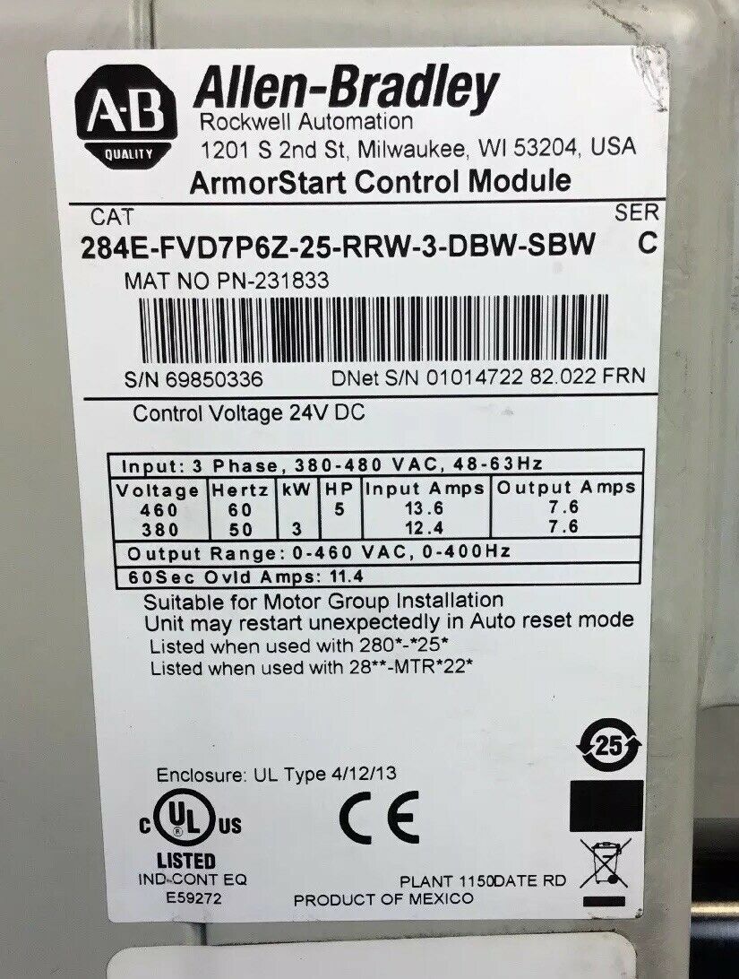 ALLEN BRADLEY 284E-FVD7P6Z-25-RRW-3-DBW-SBW /C ArmorStart Control Modu ...