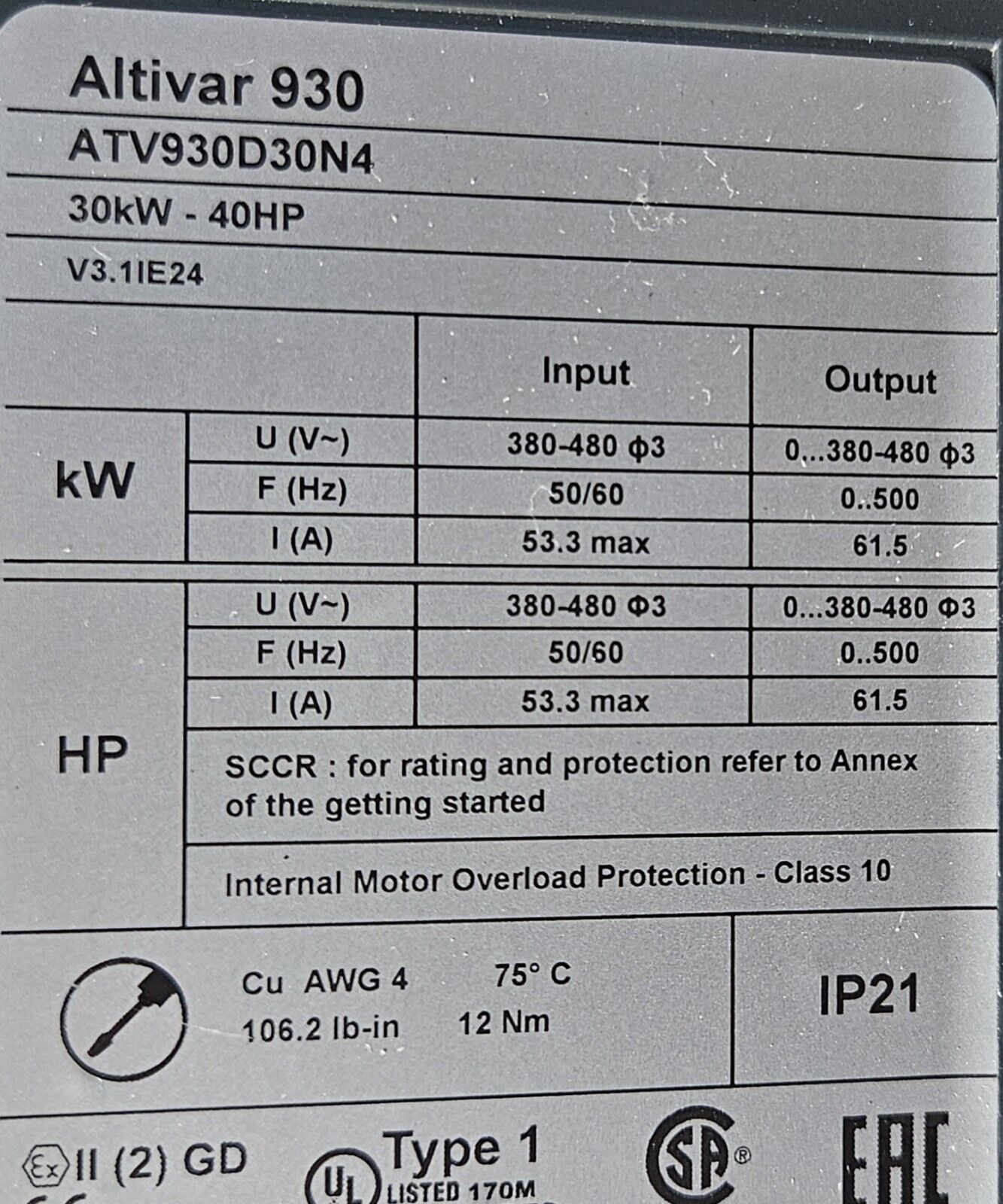 Schneider ATV930D30N4 Inverter ##Missing Signal Board - See Photos## L ...