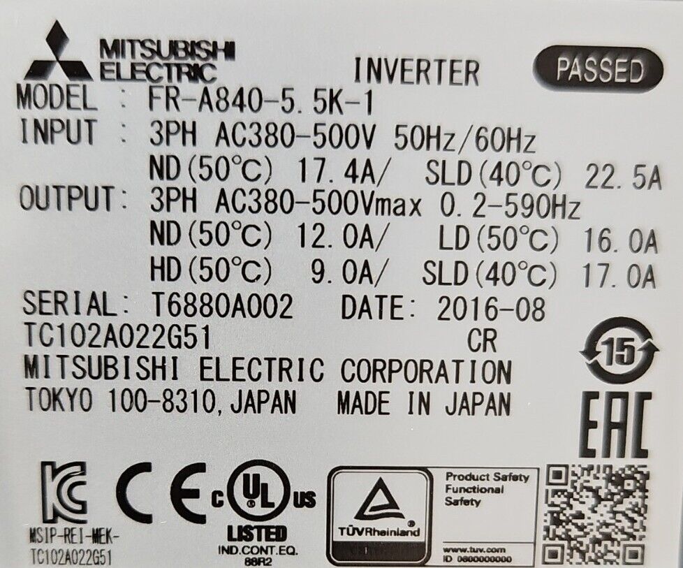 Mitsubishi FR-A840-5.5K-1 Variable Frequency Drive. Loc 1C-1 / 3-H ...